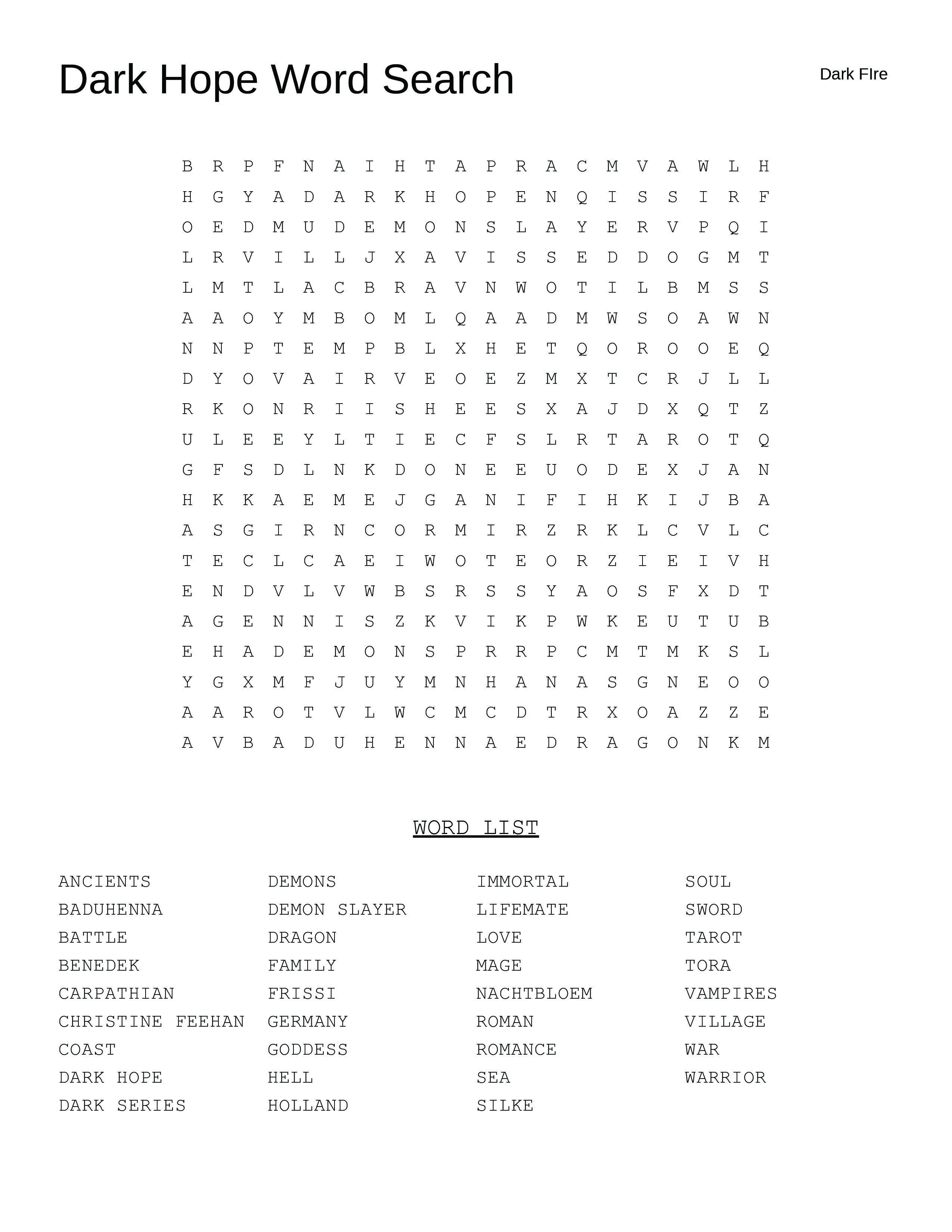 Christine Feehan's Blog - DARK HOPE Word Search - October 08, 2025 12:05
